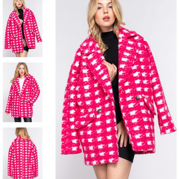 Jackets & Coats | 4 New Boutique Fuchsia Check Print Boucl Fleece Coat ...